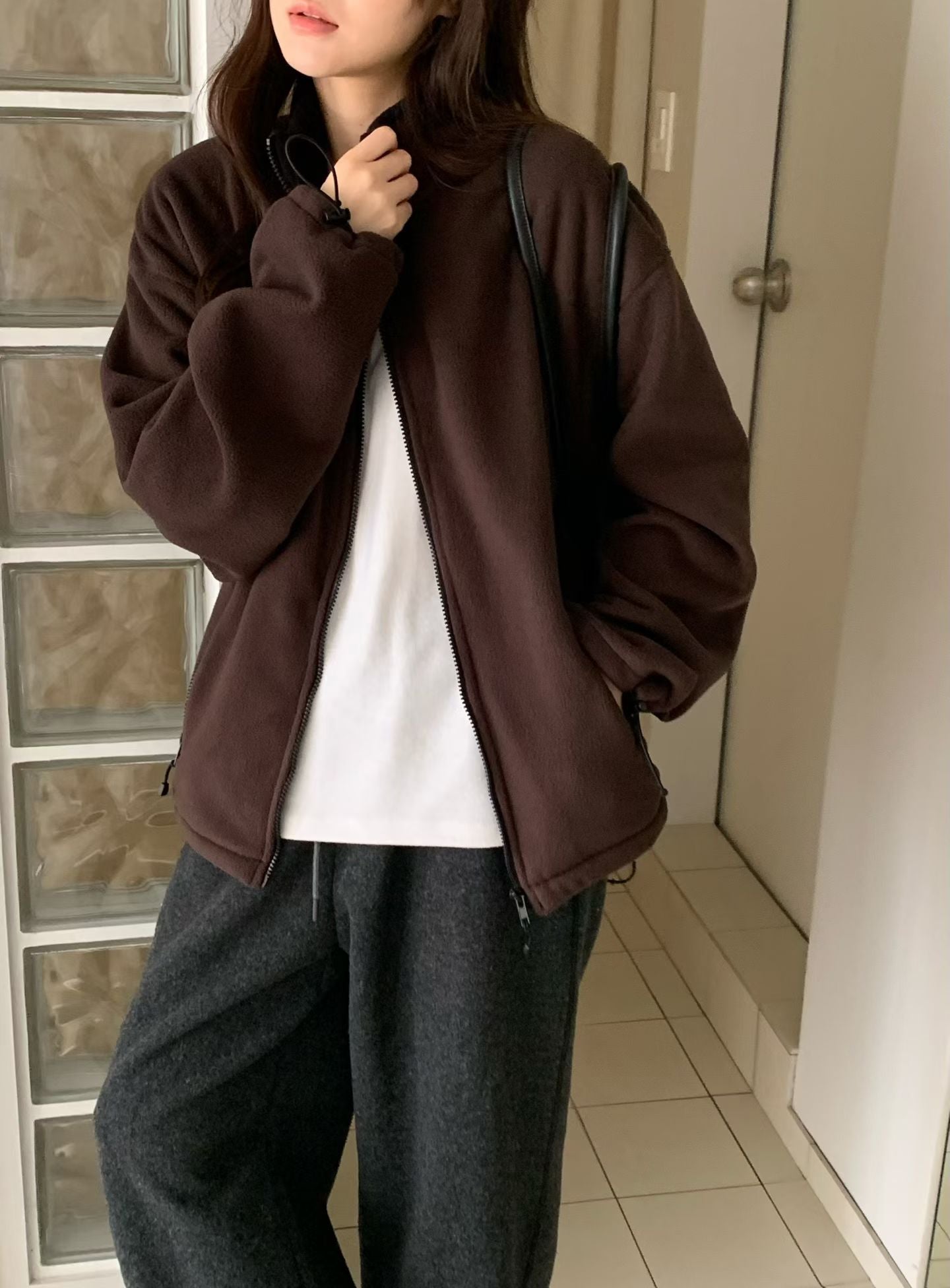High Neck Oversized Fleece Jacket with Drawstrings | Couturist