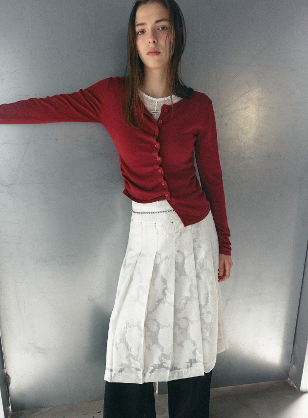 Shirring Button Unbalance Cardigan Red | Rola Rola | Couturist